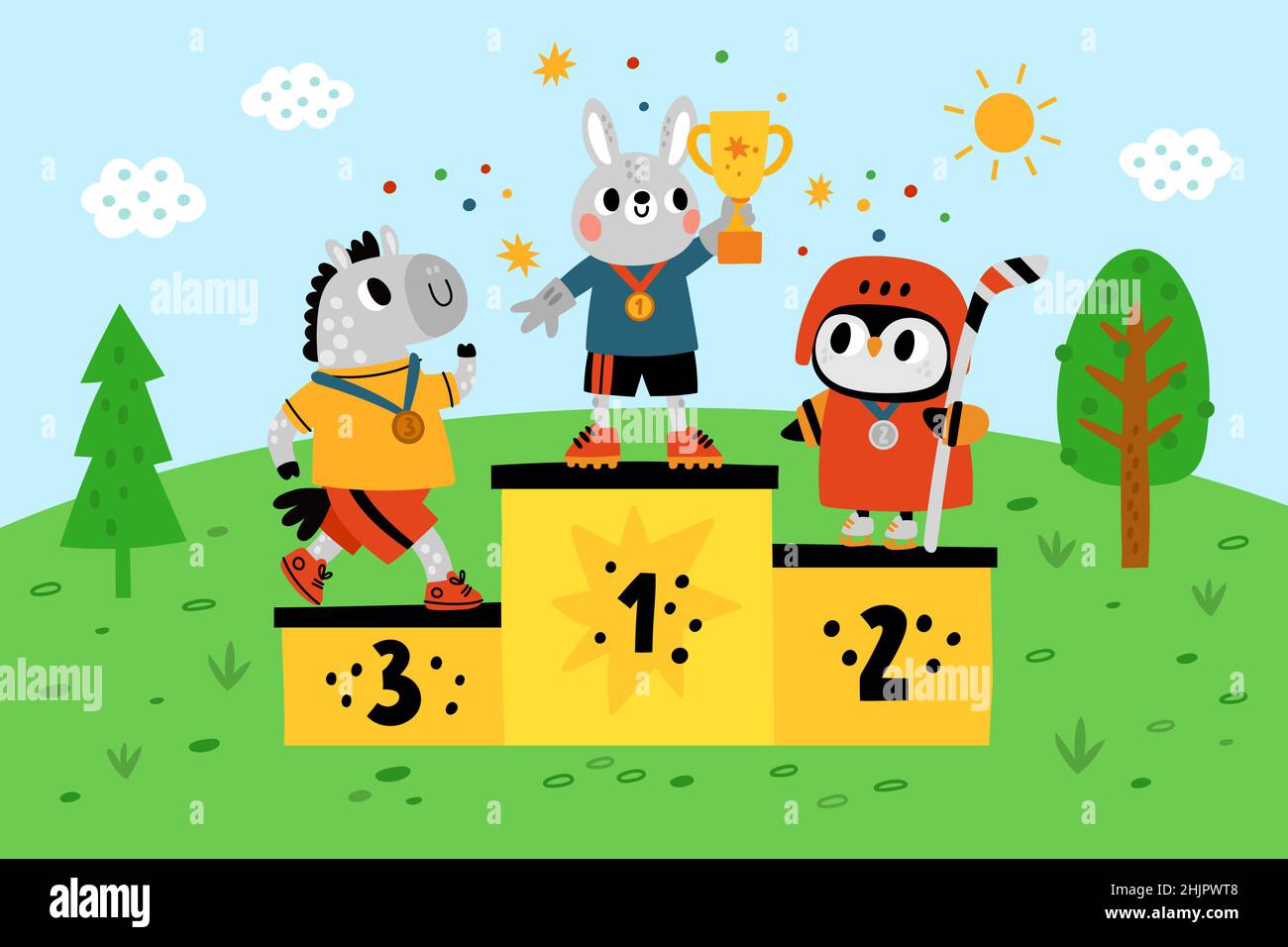 Animals winners. Athletes stand on podium. Competition champions with ...
