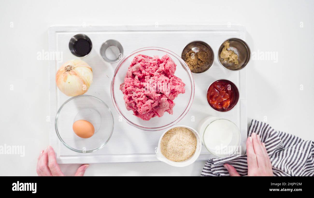 Flat lay. Step by step. Ingredients for preparing a classic beef ...