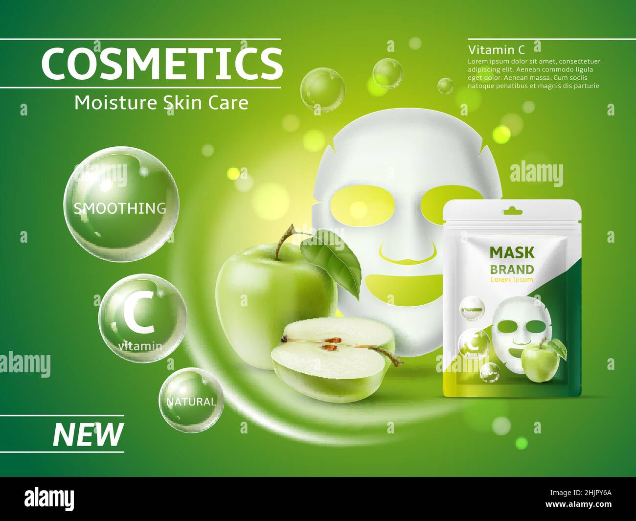 Cosmetic apple face mask poster. Realistic skincare smoothing product ...