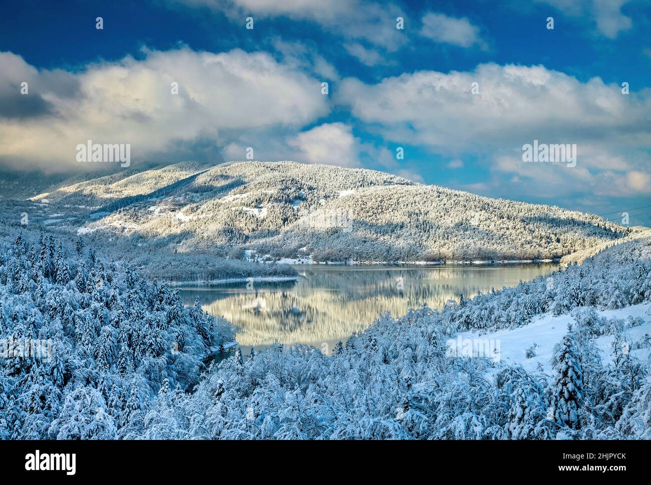 Snowy landscape in Plastiras lake, Agrafa mountains, Karditsa, Thessaly ...