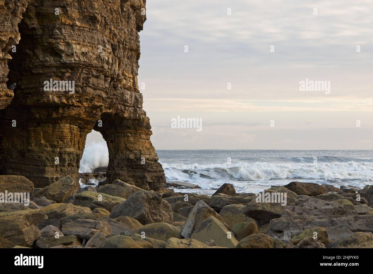 Marsden Rock is a 90ft high limestone sea stack stadning just off the ...