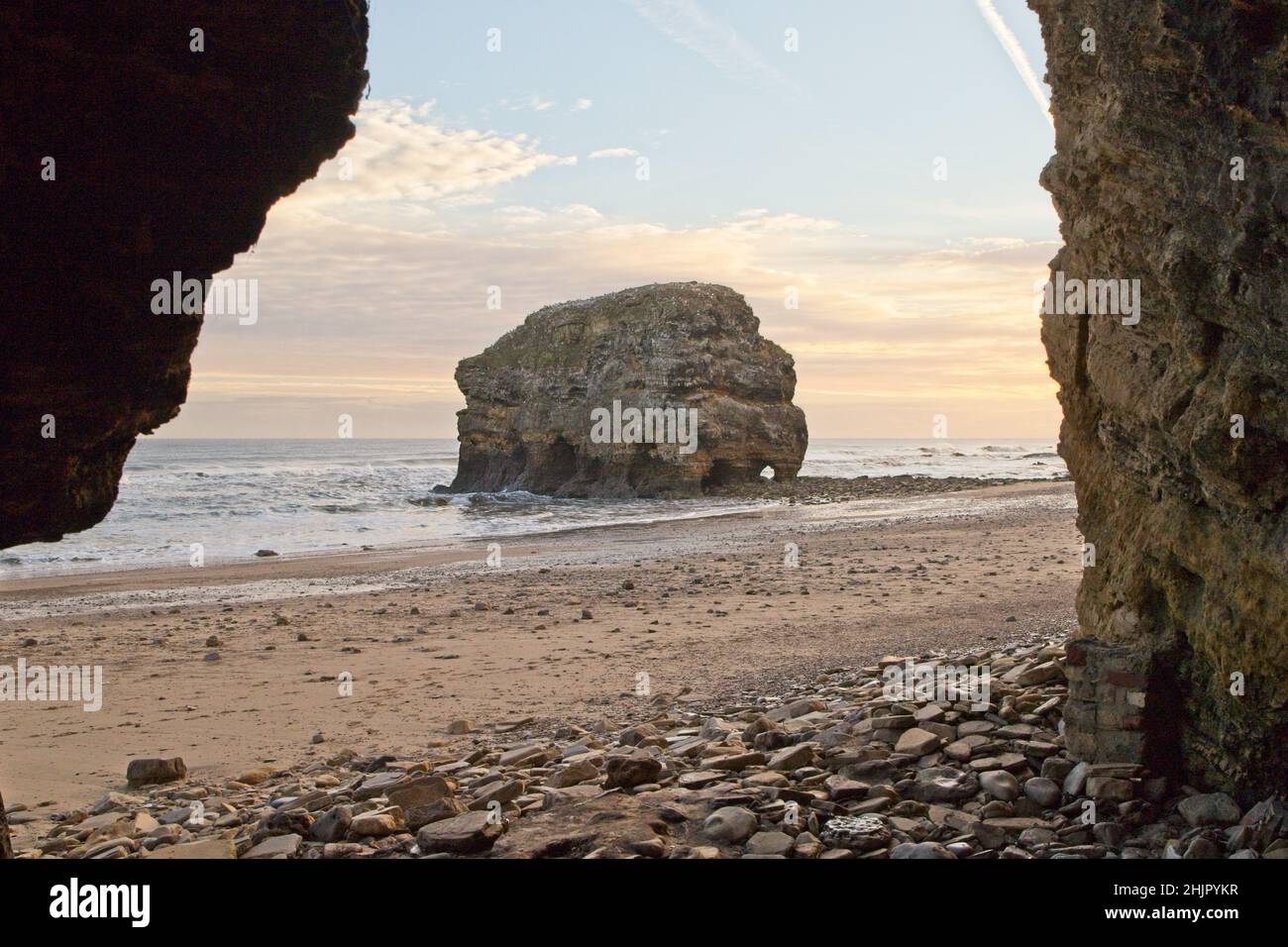 Marsden Rock is a 90ft high limestone sea stack stadning just off the ...