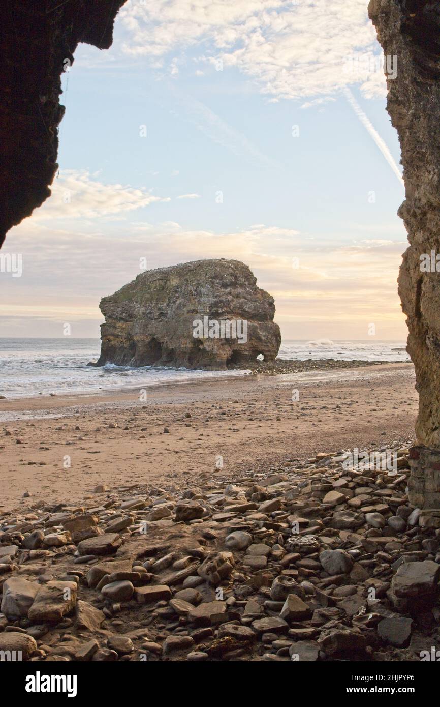 Marsden Rock is a 90ft high limestone sea stack stadning just off the ...