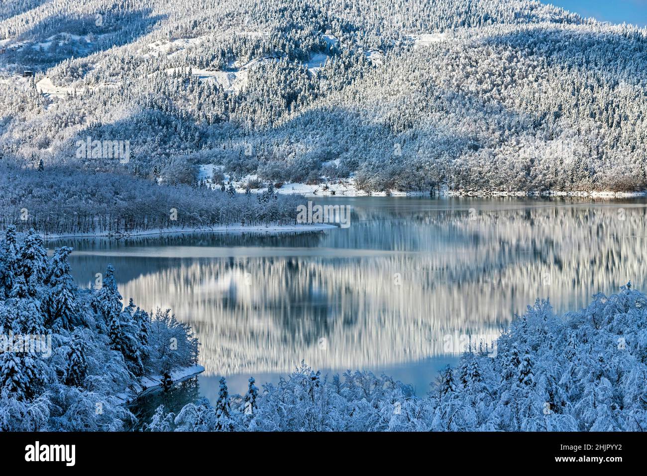 Snowy landscape in Plastiras lake, Agrafa mountains, Karditsa, Thessaly ...