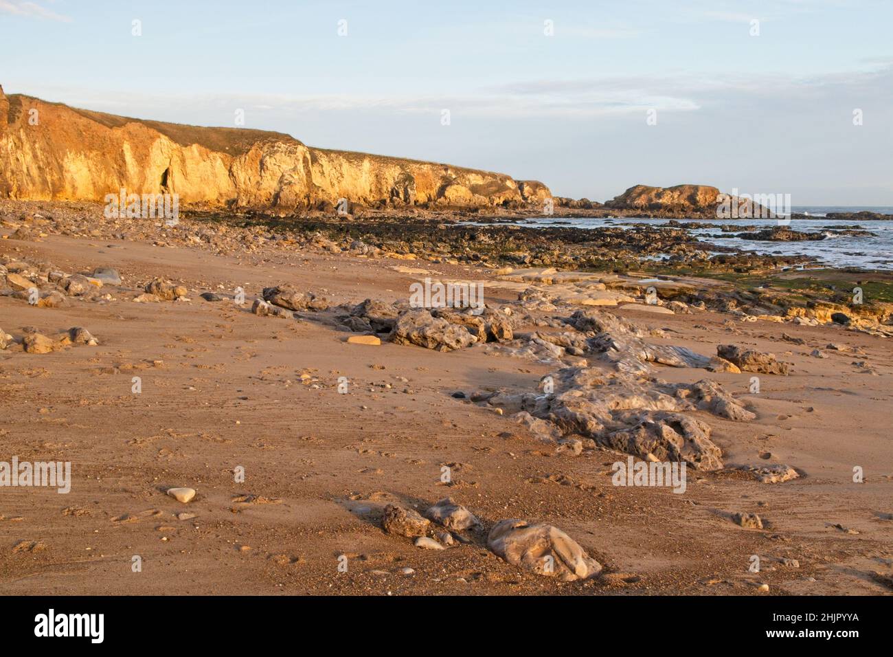 Beautiful limestone cliffs surround Marsden Bay on the North Sea coast ...