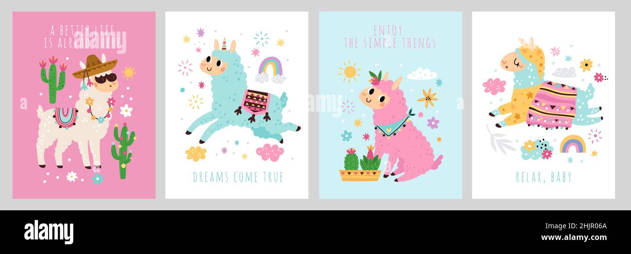 Cute llama cards. Funny alpacas posters, motivational inscriptions ...