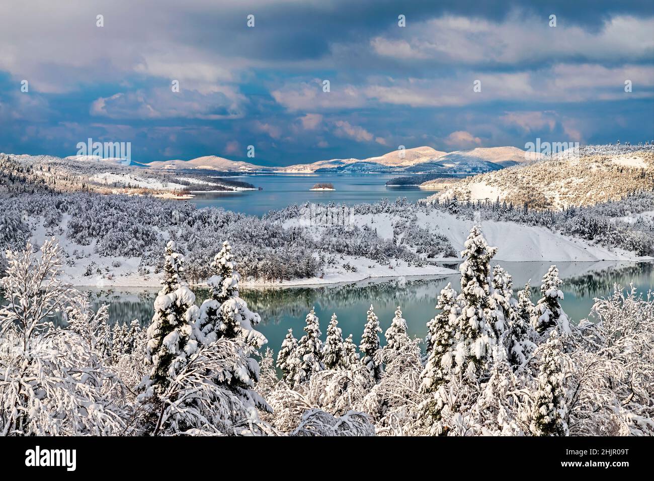 Snowy landscape in Plastiras lake, Agrafa mountains, Karditsa, Thessaly ...