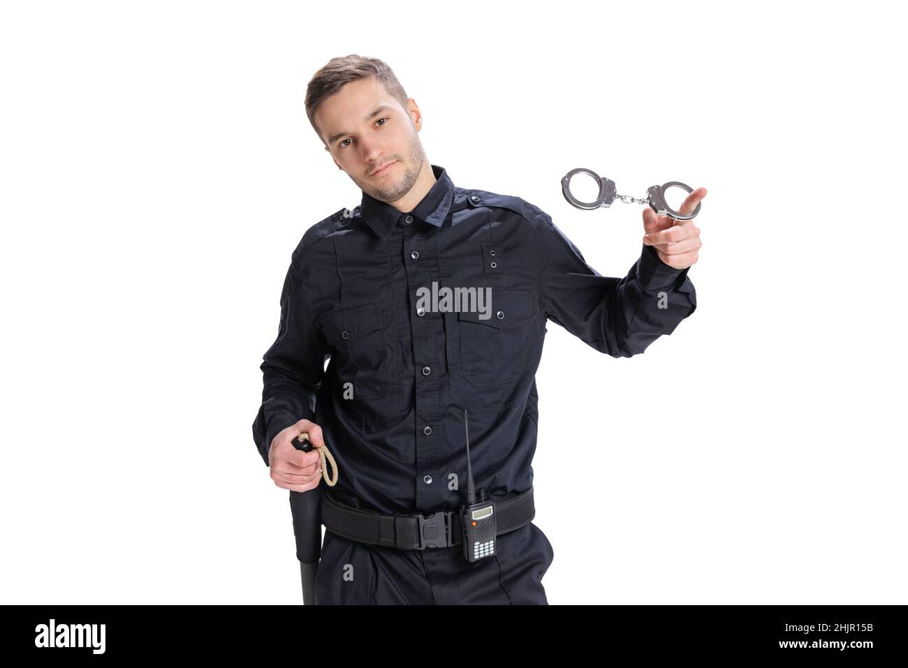Half-length portrait of young male policeman officer wearing black ...