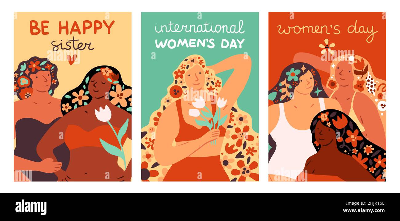 Hair flowers women cards. Beautiful female portraits. International ...