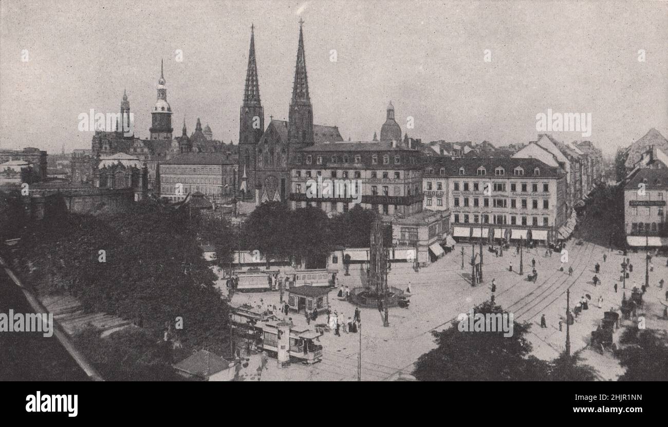 Clustered spires and domes of Saxony's regal capital seen over a busy ...