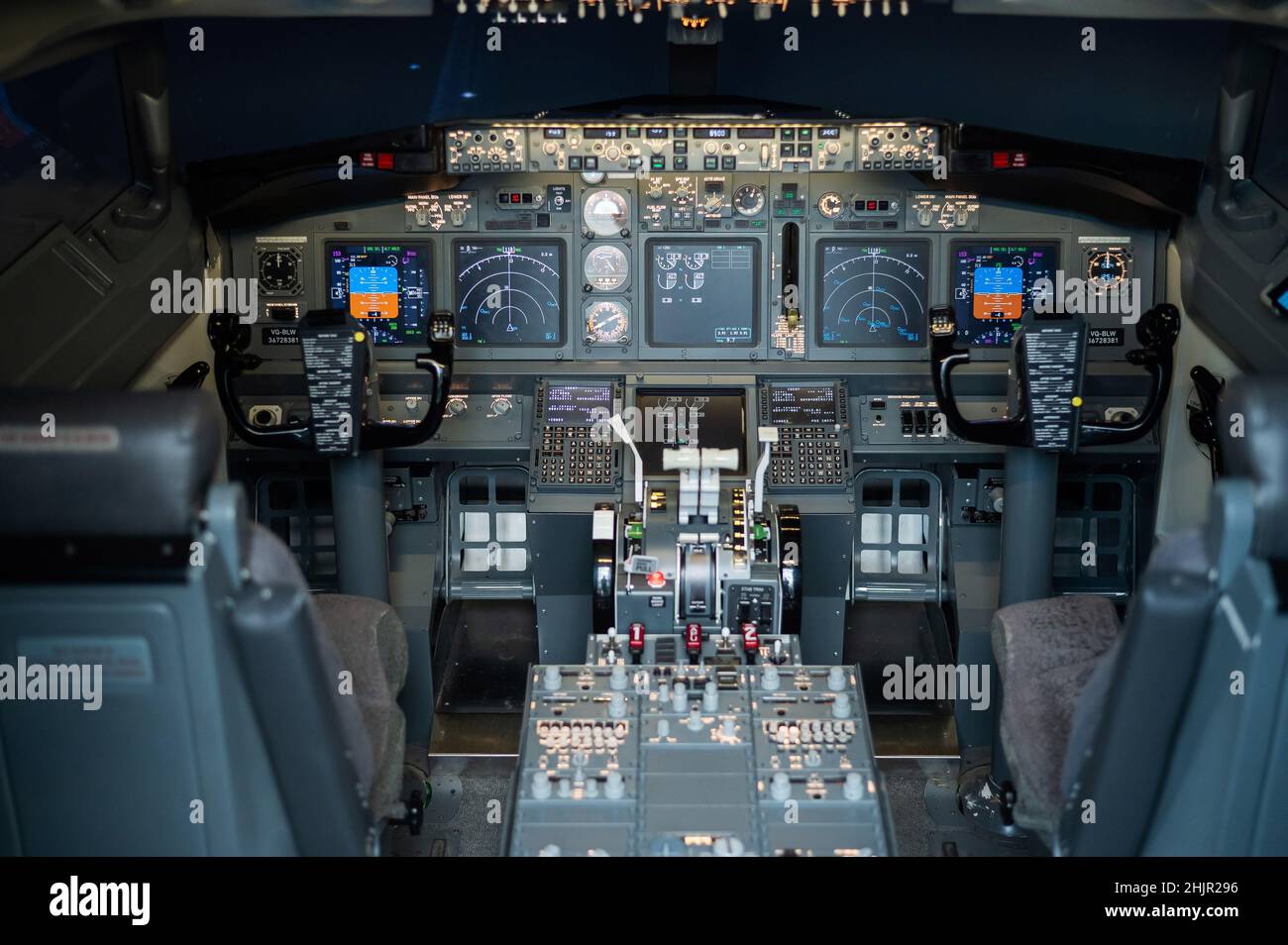General view of the empty cockpit cockpit. Commercial flight simulator ...
