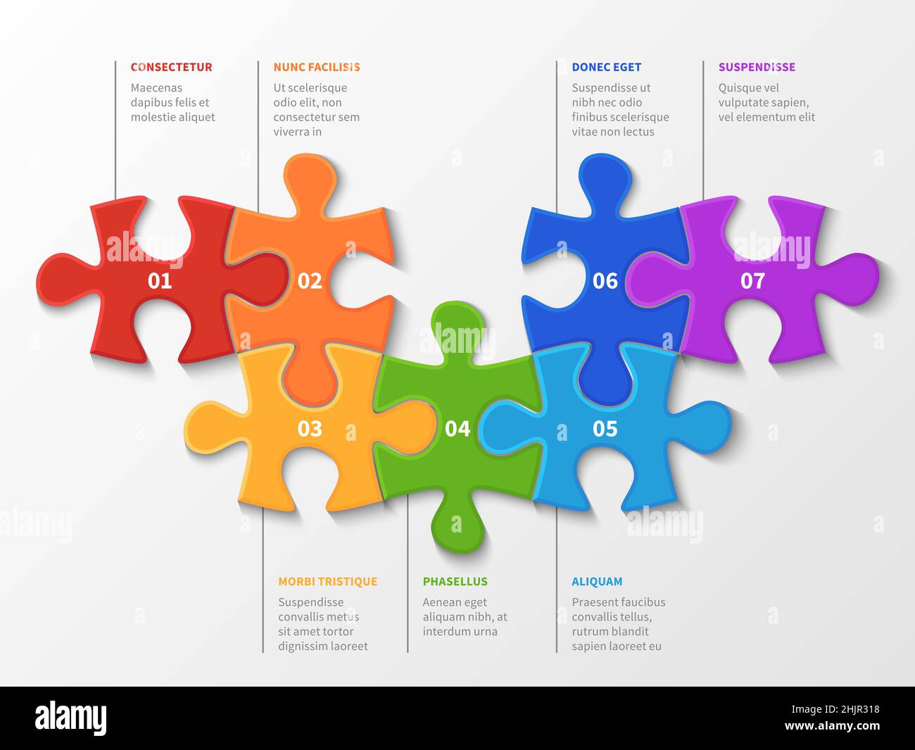 Realistic puzzle. Colorful joined pieces. Division segments. Marking ...