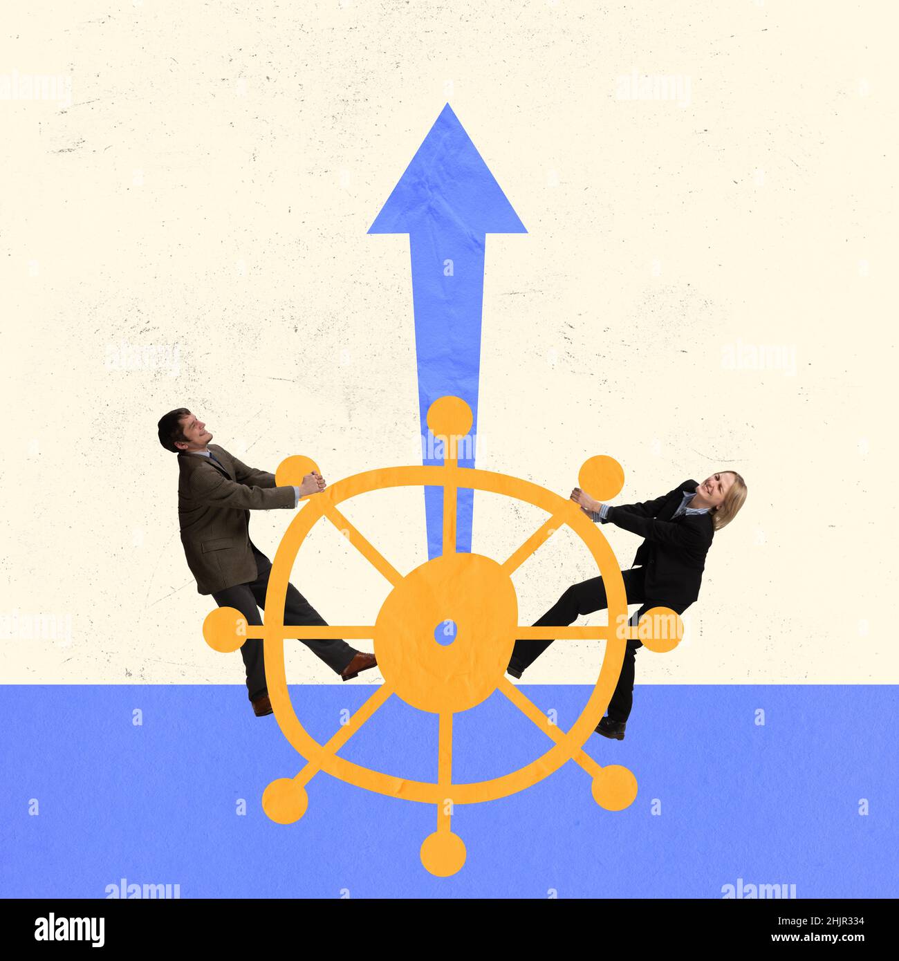 Creative design. Contemporary art collage. Two eployees turning wheel ...