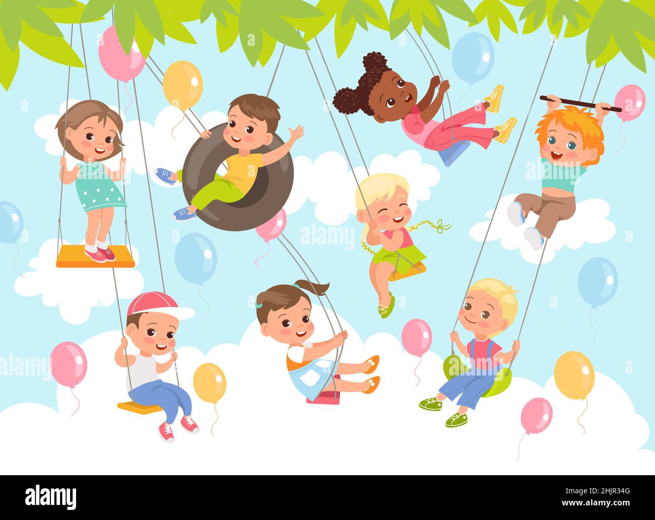 Rope swing. Young acrobats. Boys and girls swinging under tree leaves ...