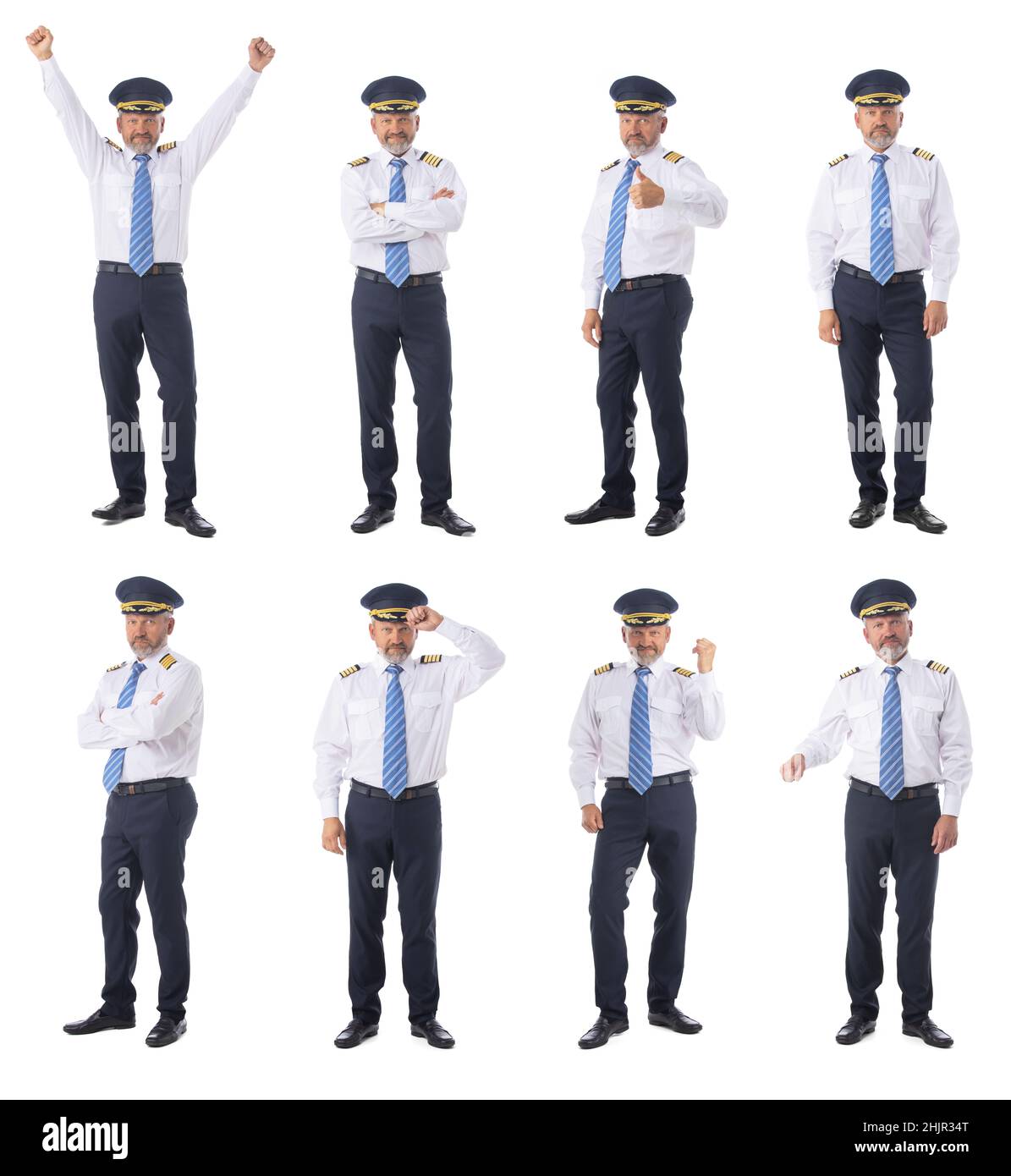 Set of full legth portraits of senior pilot isolated on white ...