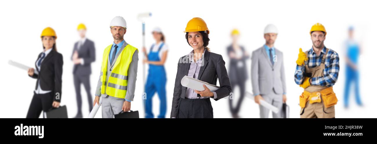 Team of different Industrial construction workers. Isolated on white ...