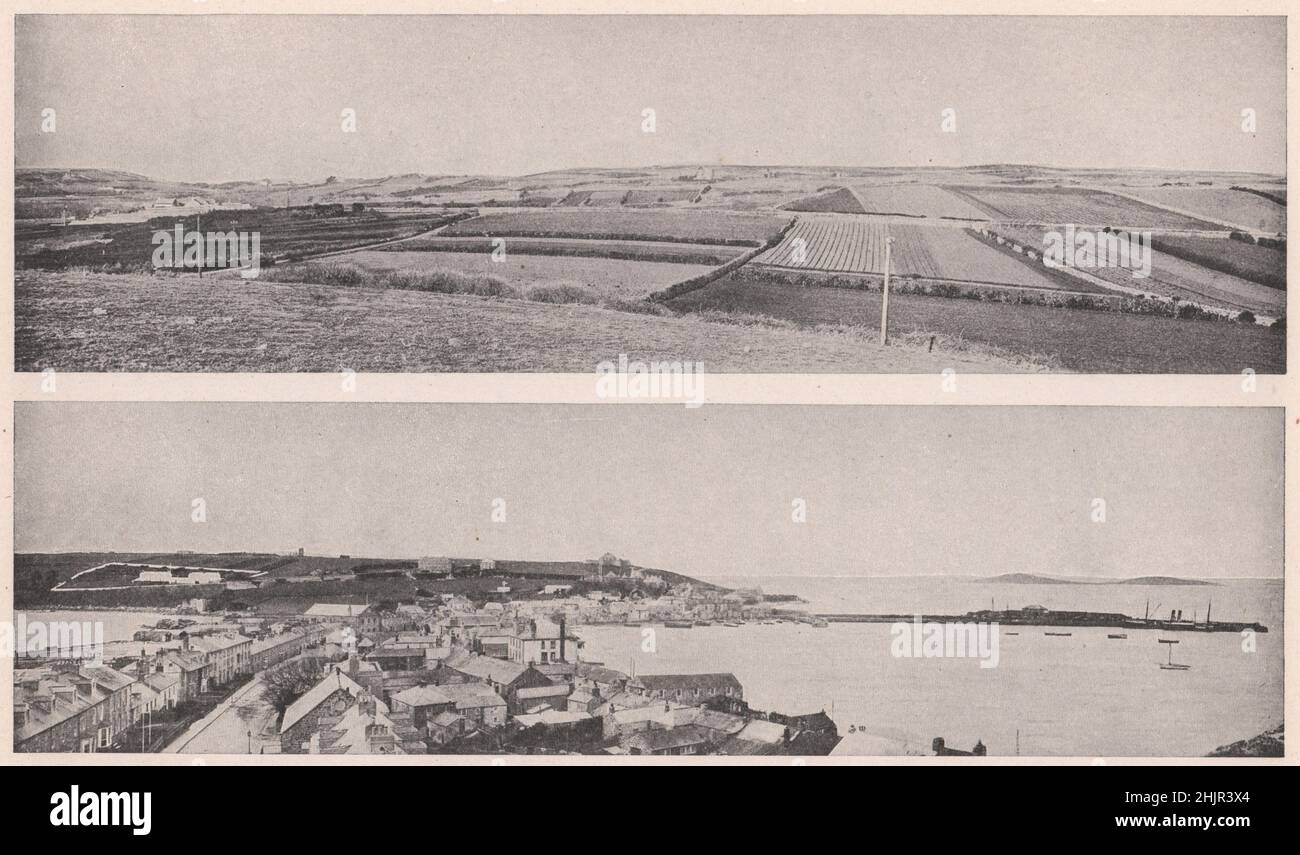 Flower fields of St. Mary's and a view of Hugh town, capital of the ...