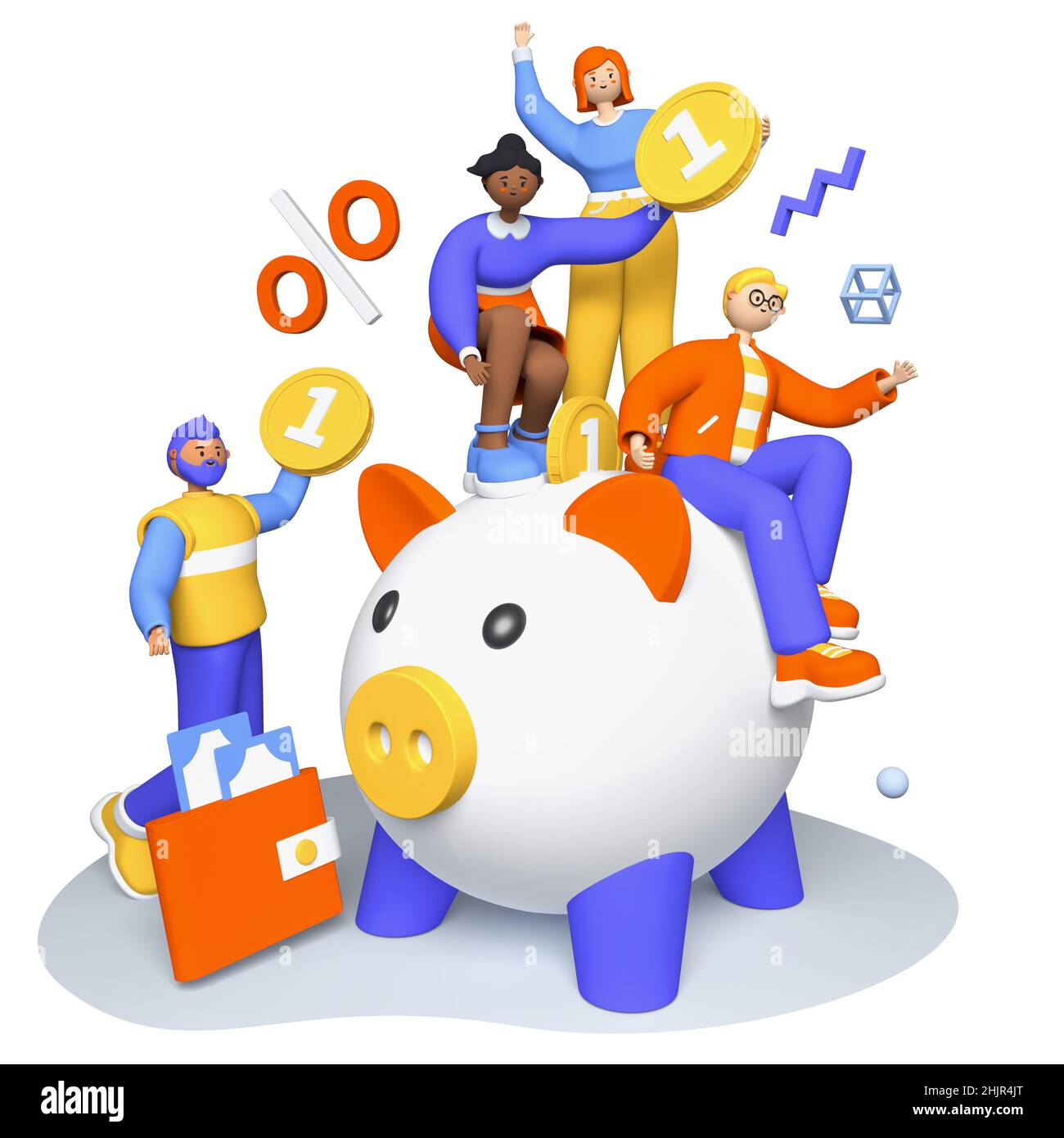 Save money in piggy bank - modern colorful 3D illustration with cartoon ...