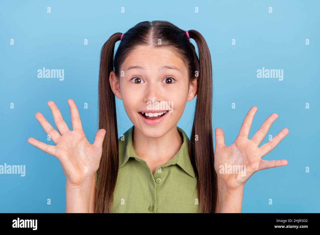 Photo of impressed positive person showing arms palms look camera ...