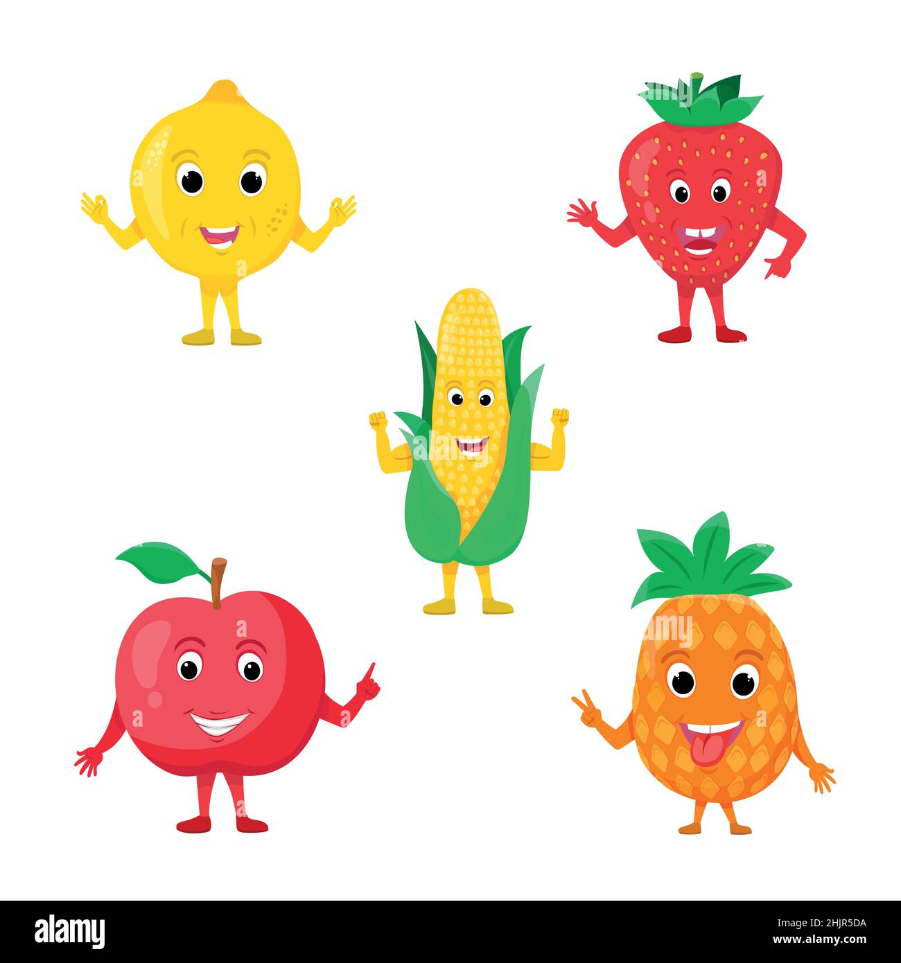 Cartoon funny fruits characters. Happy lemon, pineapple, apple ...
