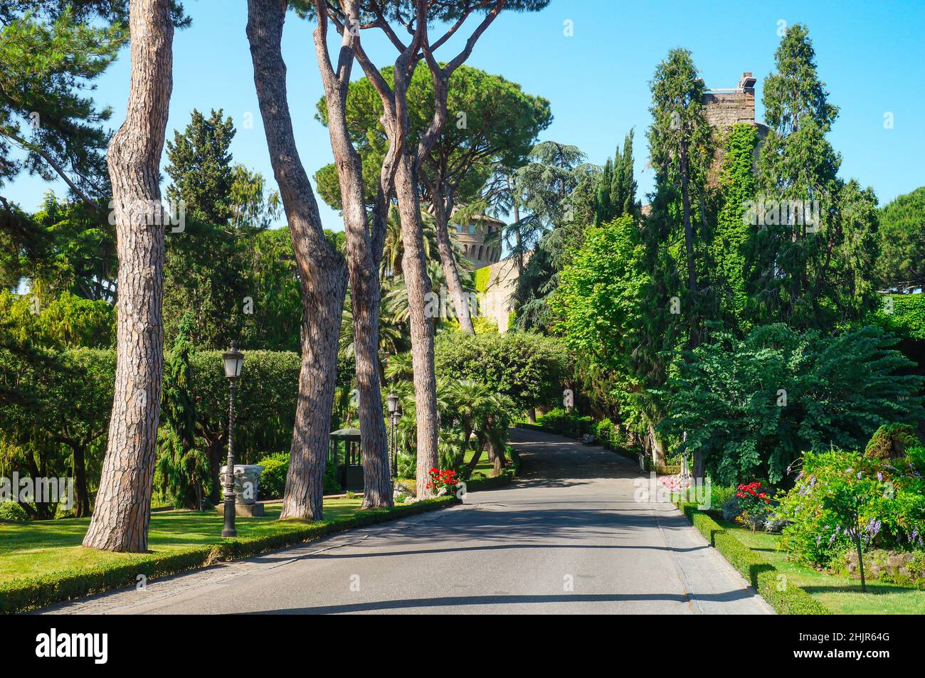 Road in the gardens of the Vatican. Tower of St. John in the background ...