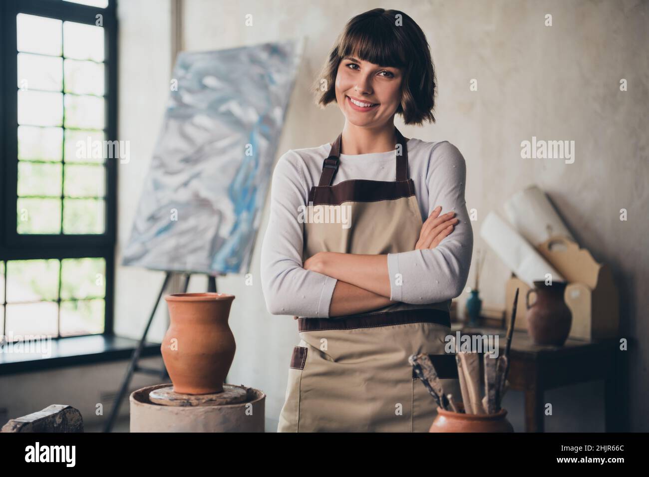 Photo of successful lady potter cross hands have artistic hobby learn ...