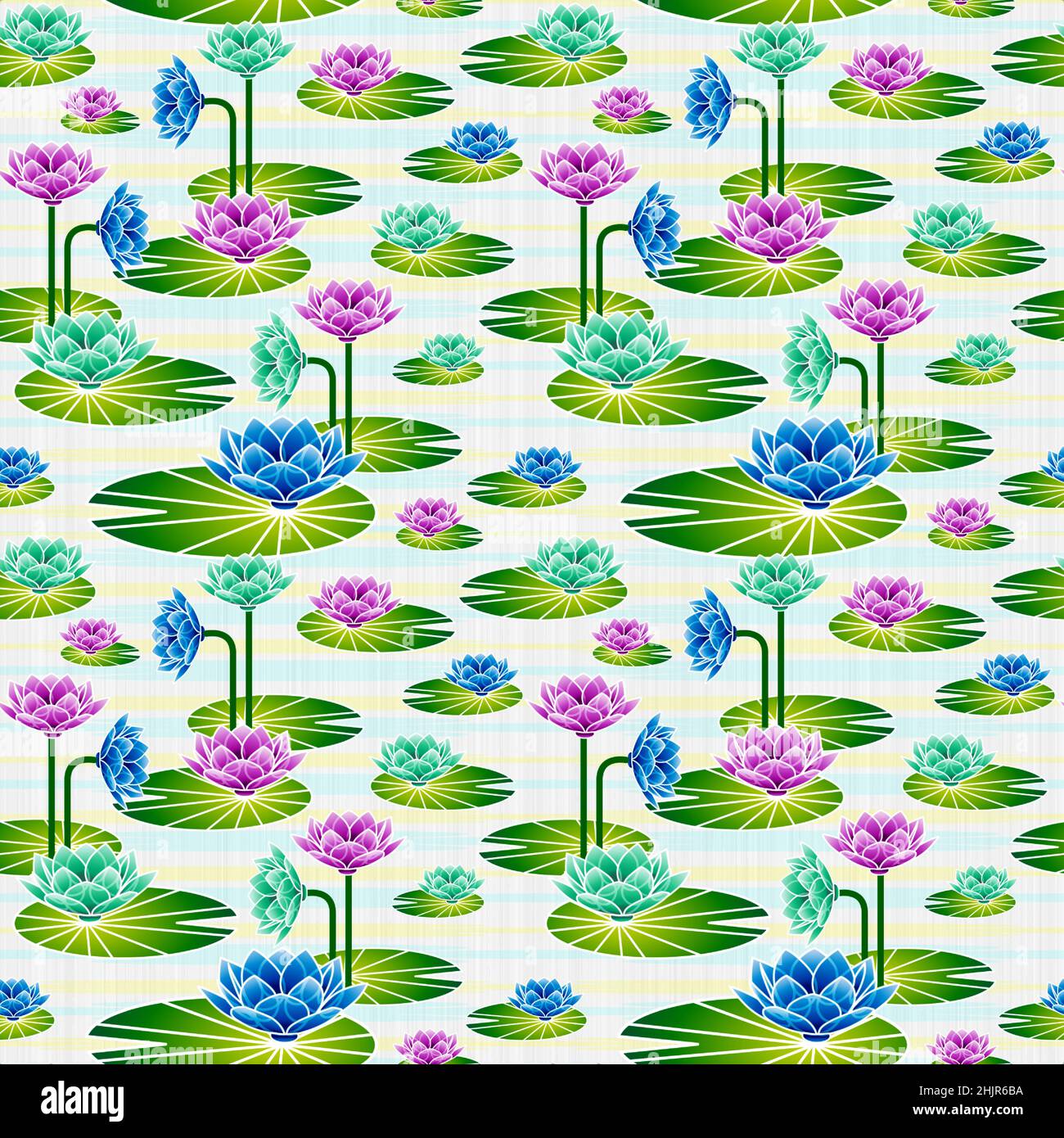 Seamless repeating pattern. Lotus and water lillies in bright colours ...