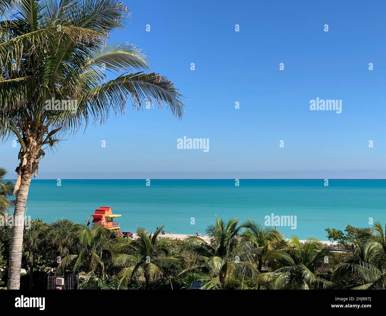Orange Lifeguard Tower at South Beach, FL, US with Palm Trees Stock ...