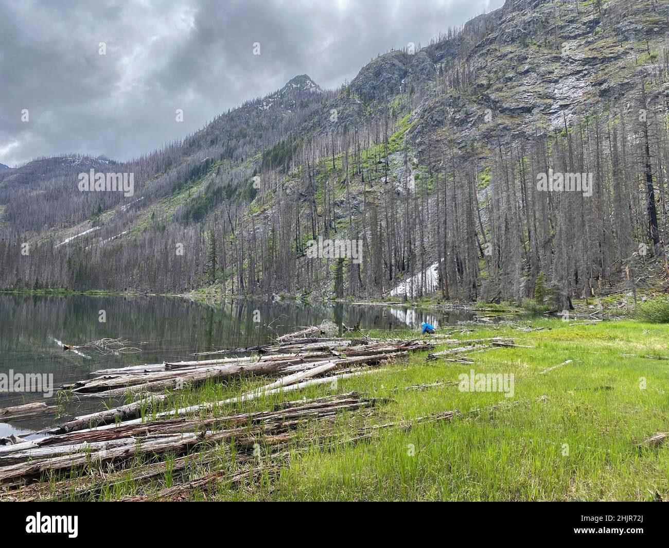 Backpacker gathering water from an alpine lake Stock Photo - Alamy