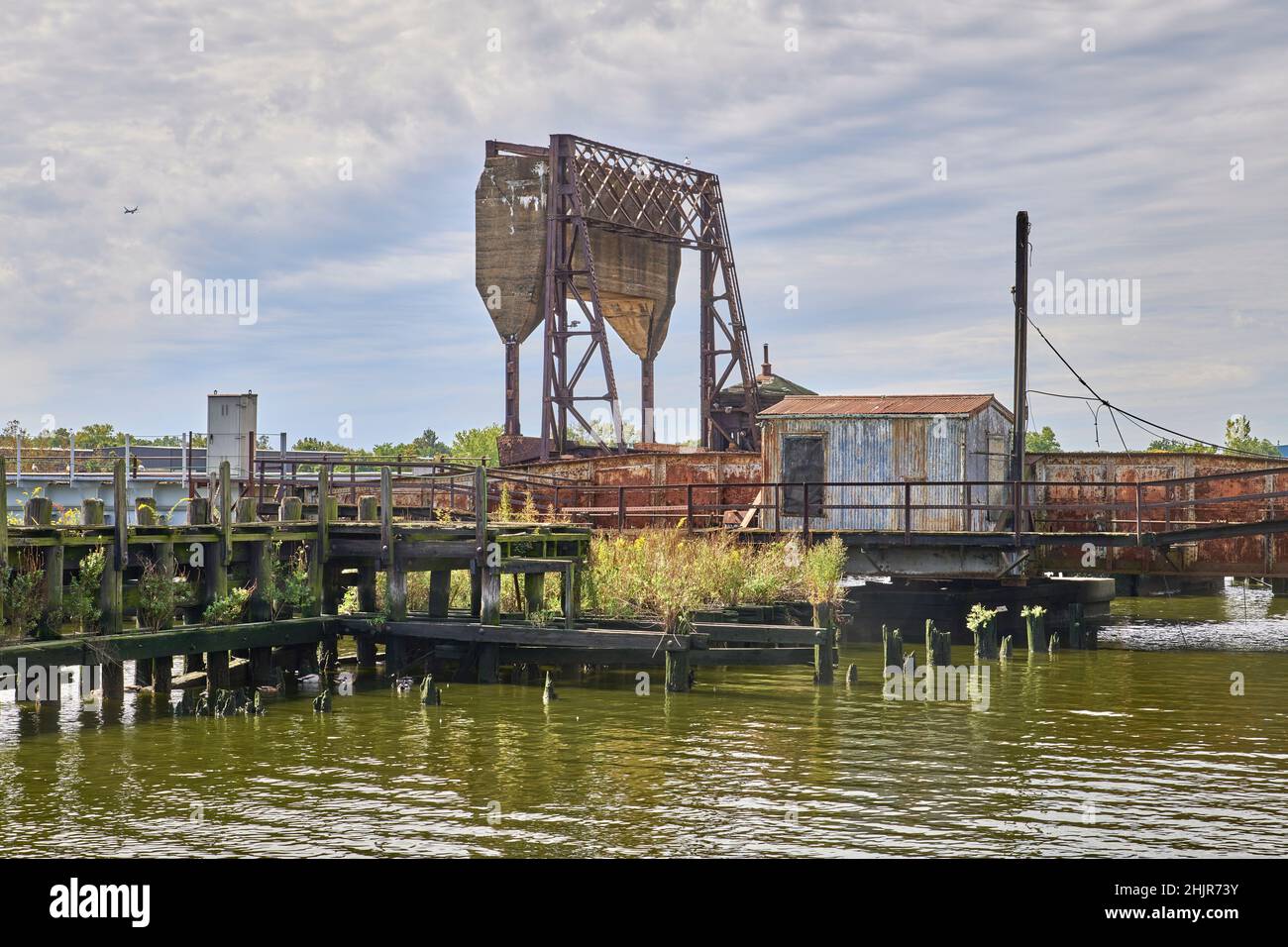 An old bascule railroad bridge,also known as a drawbridge or a lifting ...