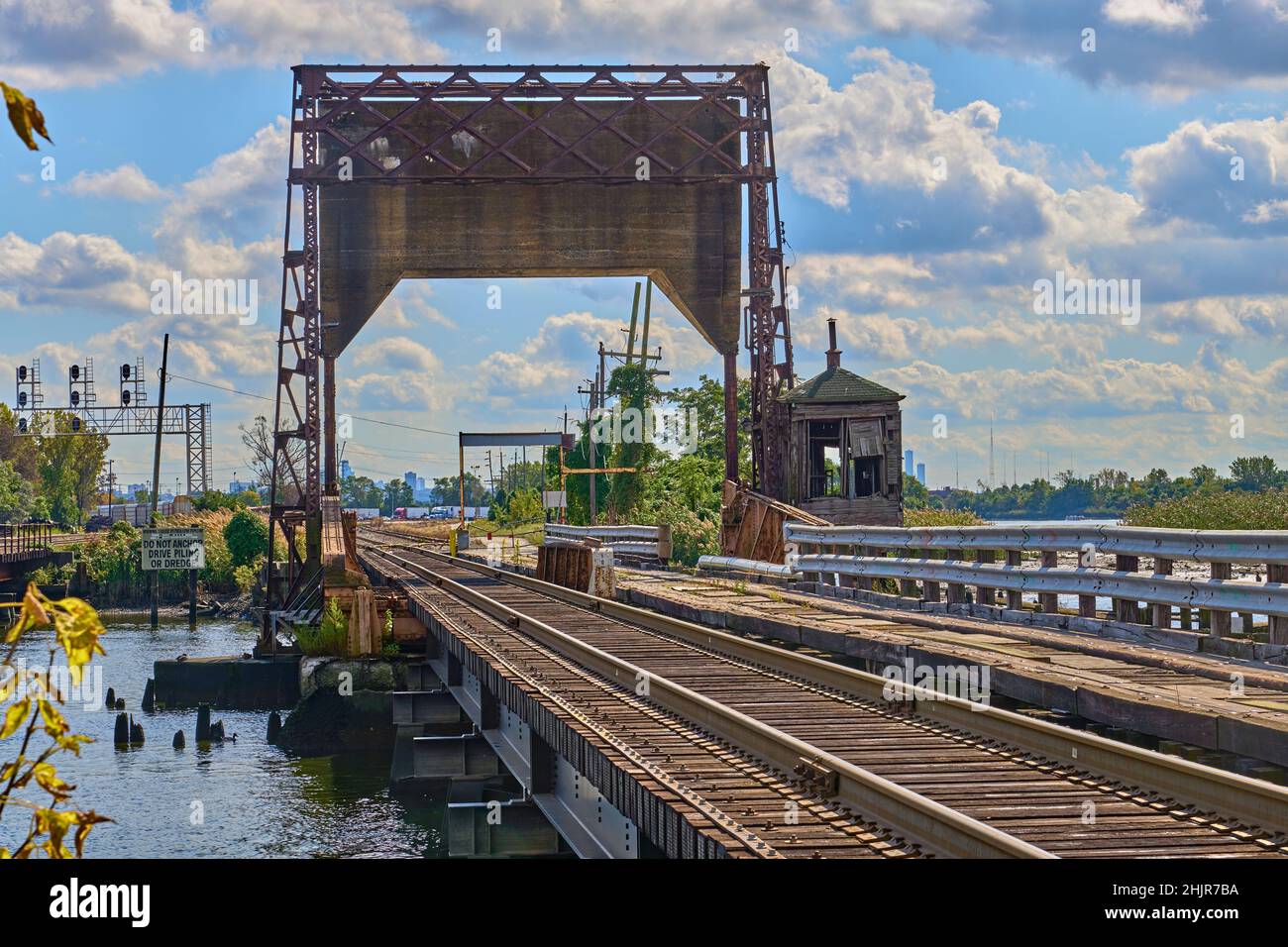 Closeup of an old bascule railroad bridge,also known as a drawbridge or ...