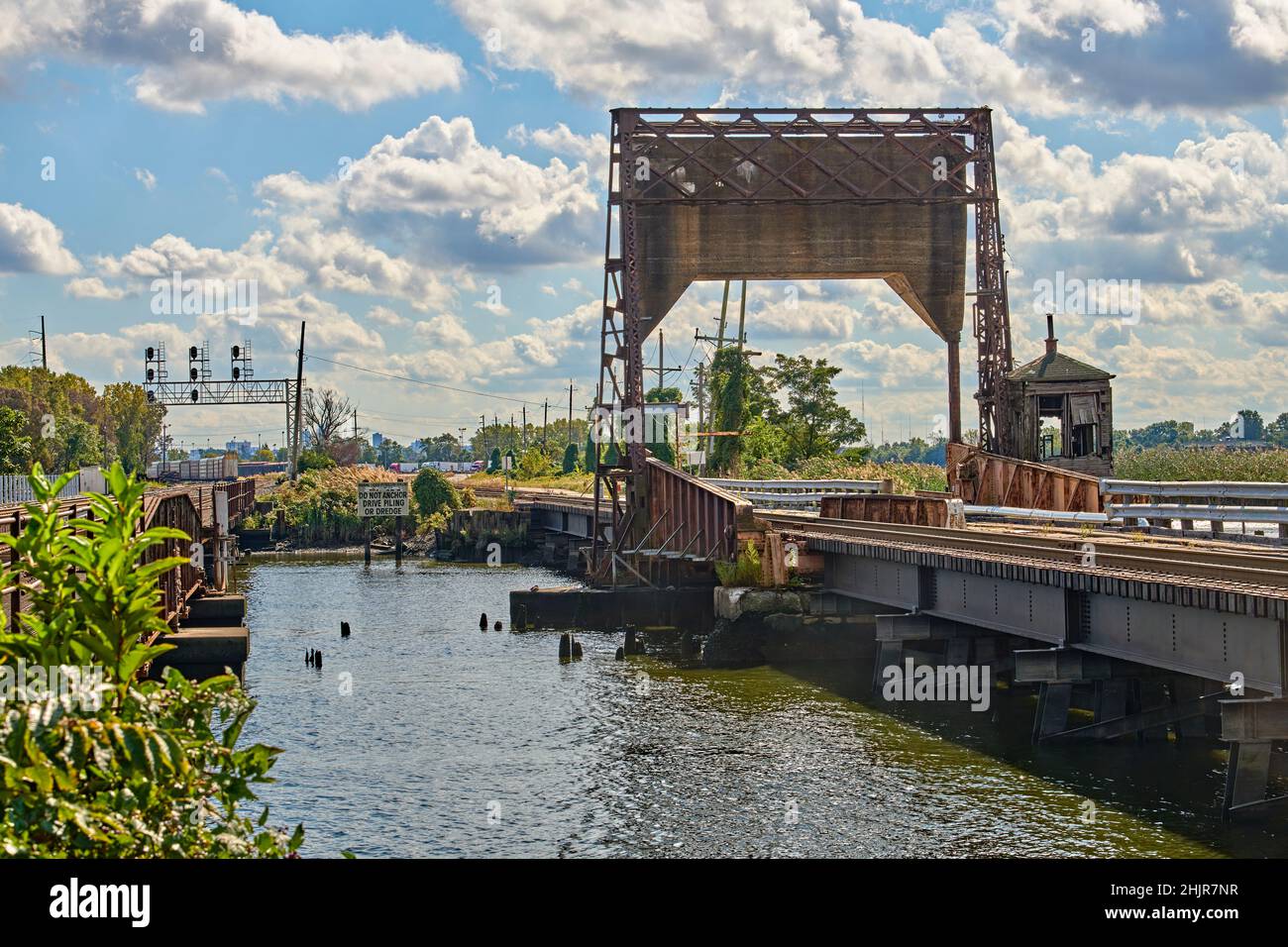 An old bascule railroad bridge,also known as a drawbridge or a lifting ...