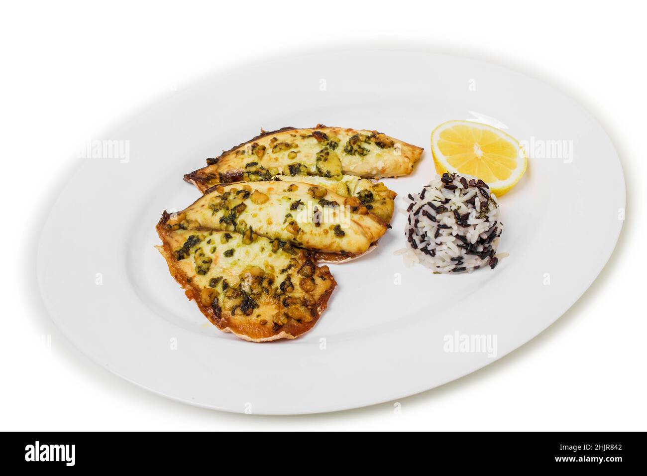 Delicious fish fillets with rice. Isolated on a white background Stock ...