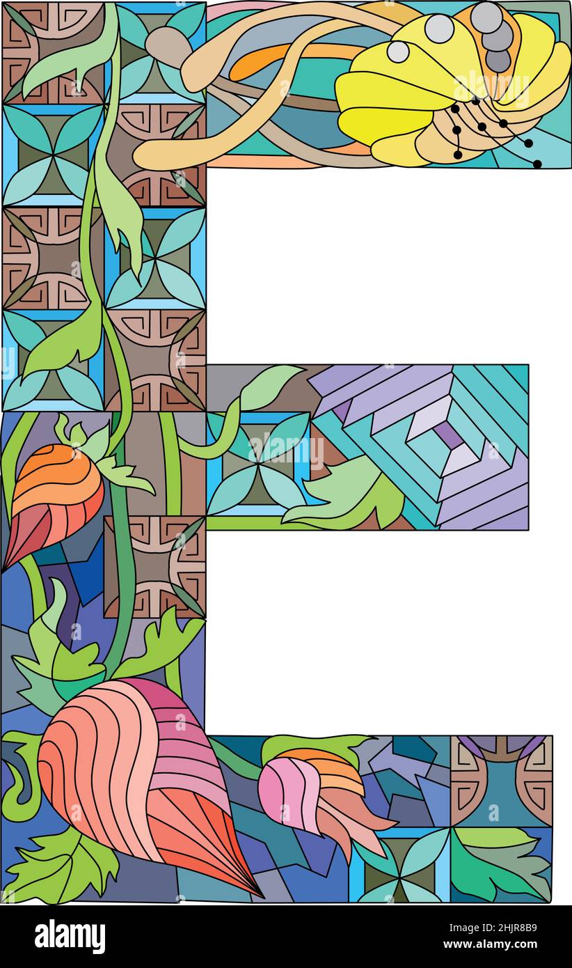 Zentangle stylized alphabet - letter E. Vector illustration. Ethnic ...