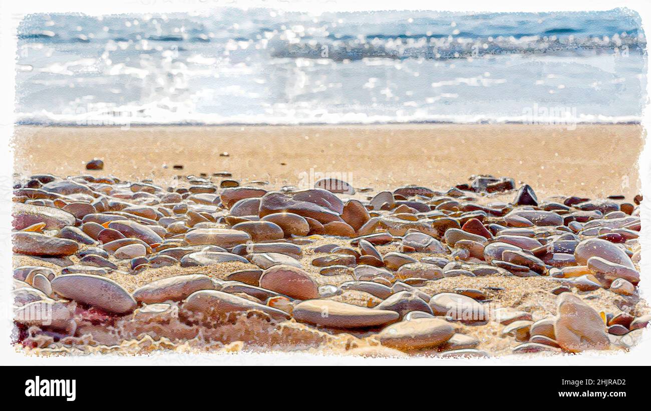 Digital watercolour of different polished and rounded pebbles on the ...