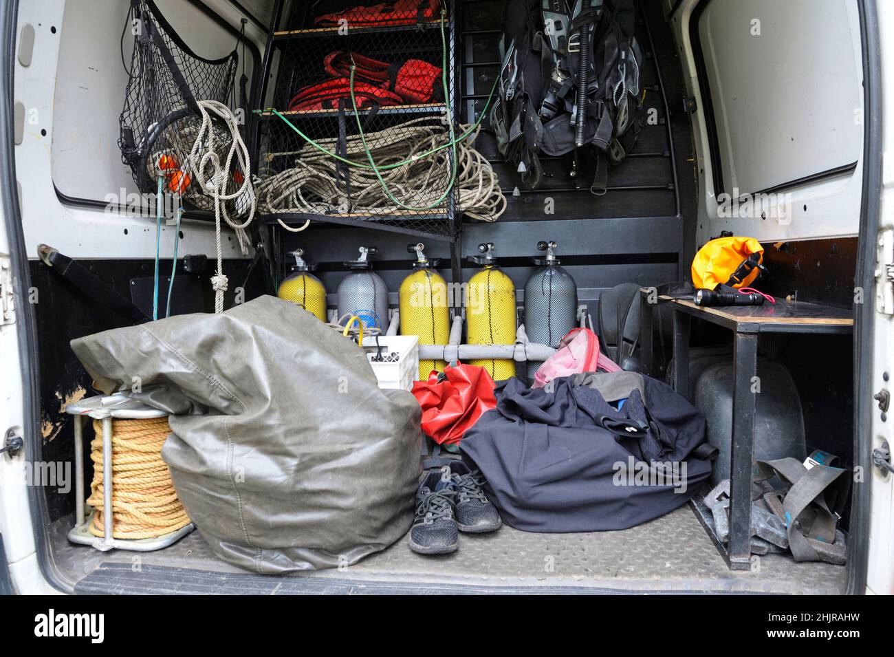 Rescue mobile post with a diving equipment set: balloons, wetsuits ...
