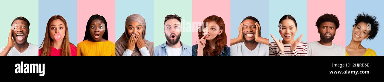 International group of students showing different emotions, collection ...