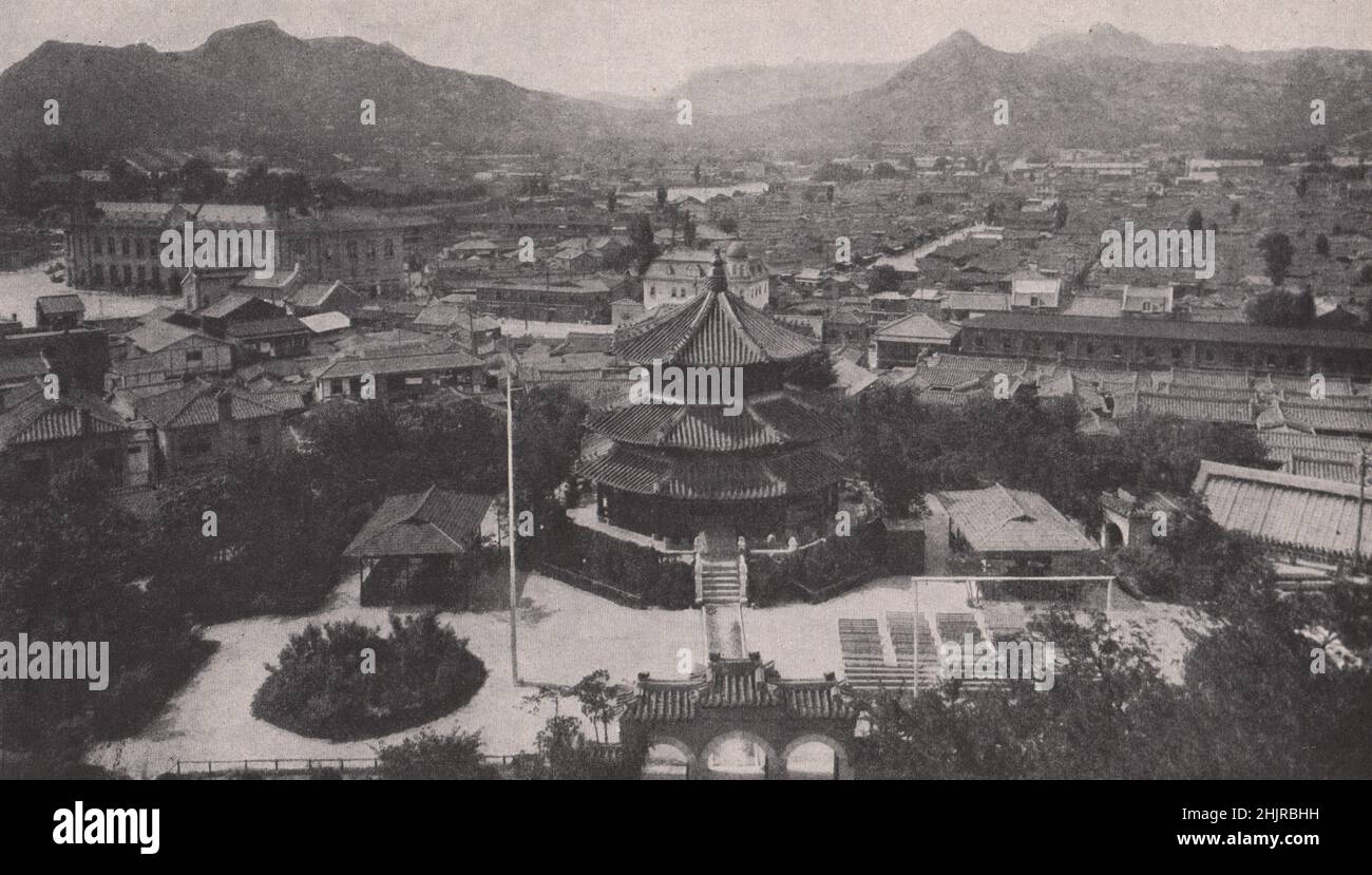 Ancient walled city of Seoul and its background of Denuded granite ...