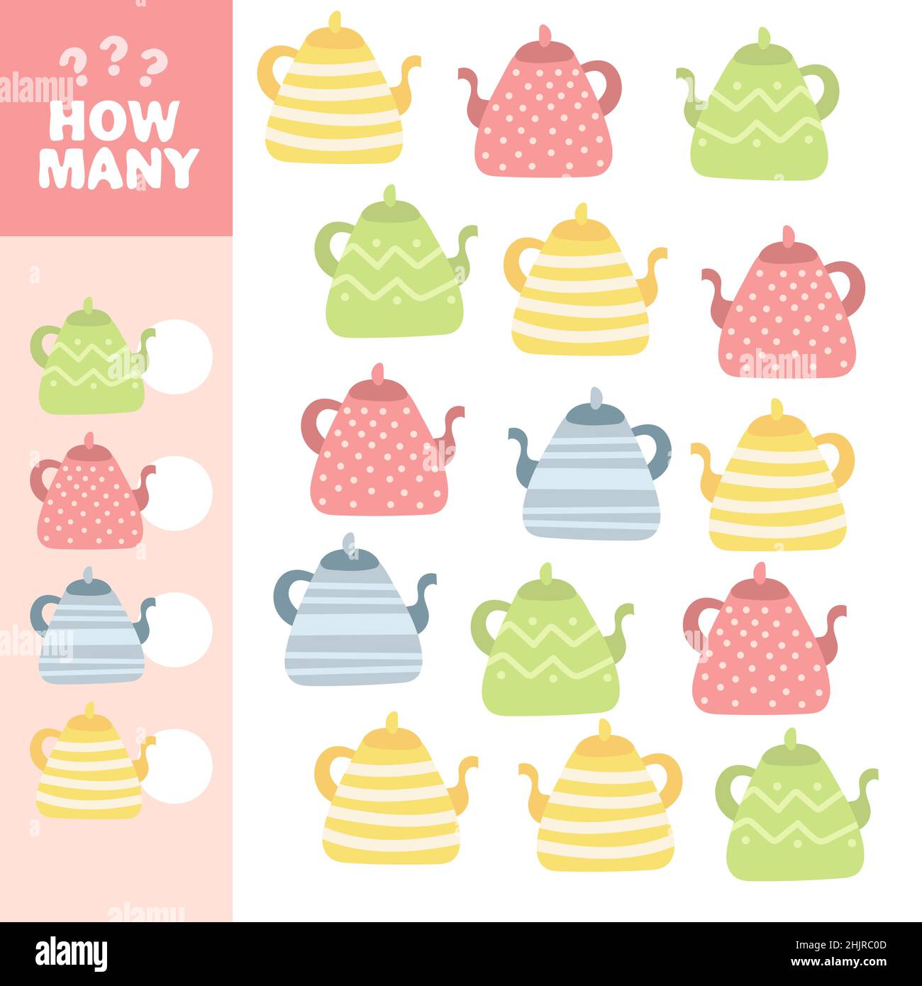 Counting game with cute kettles. Math activity for preschool children ...