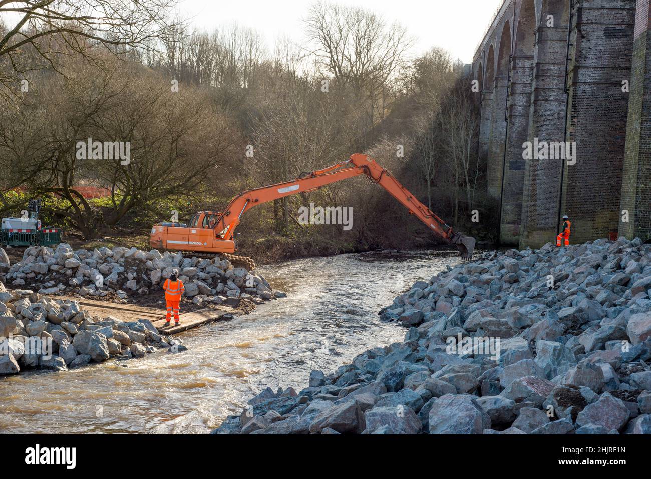 Reddish Vale Stockport UK the river washed away the embankment exposing ...
