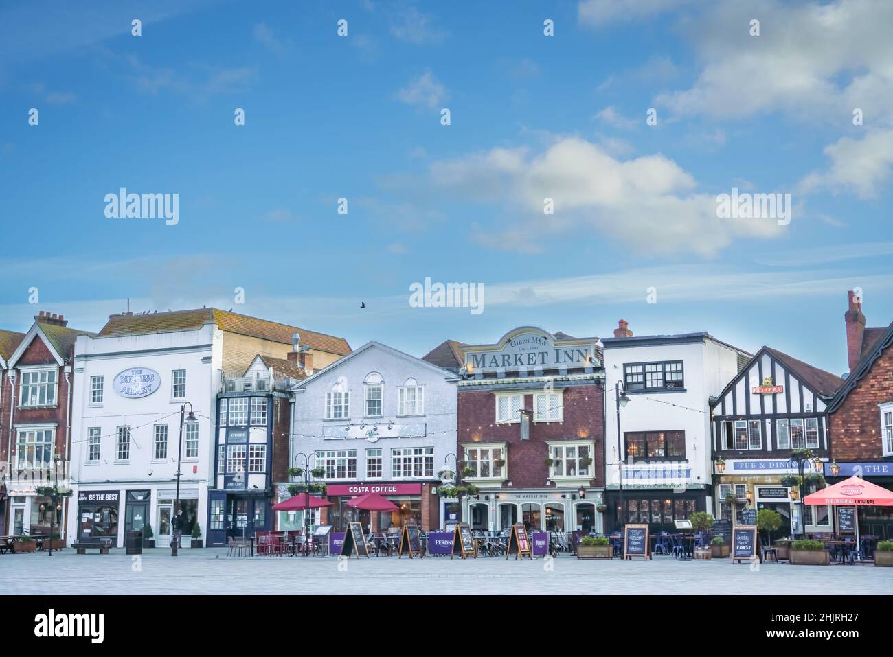 Salisbury England medieval city centre market square with a long row of ...