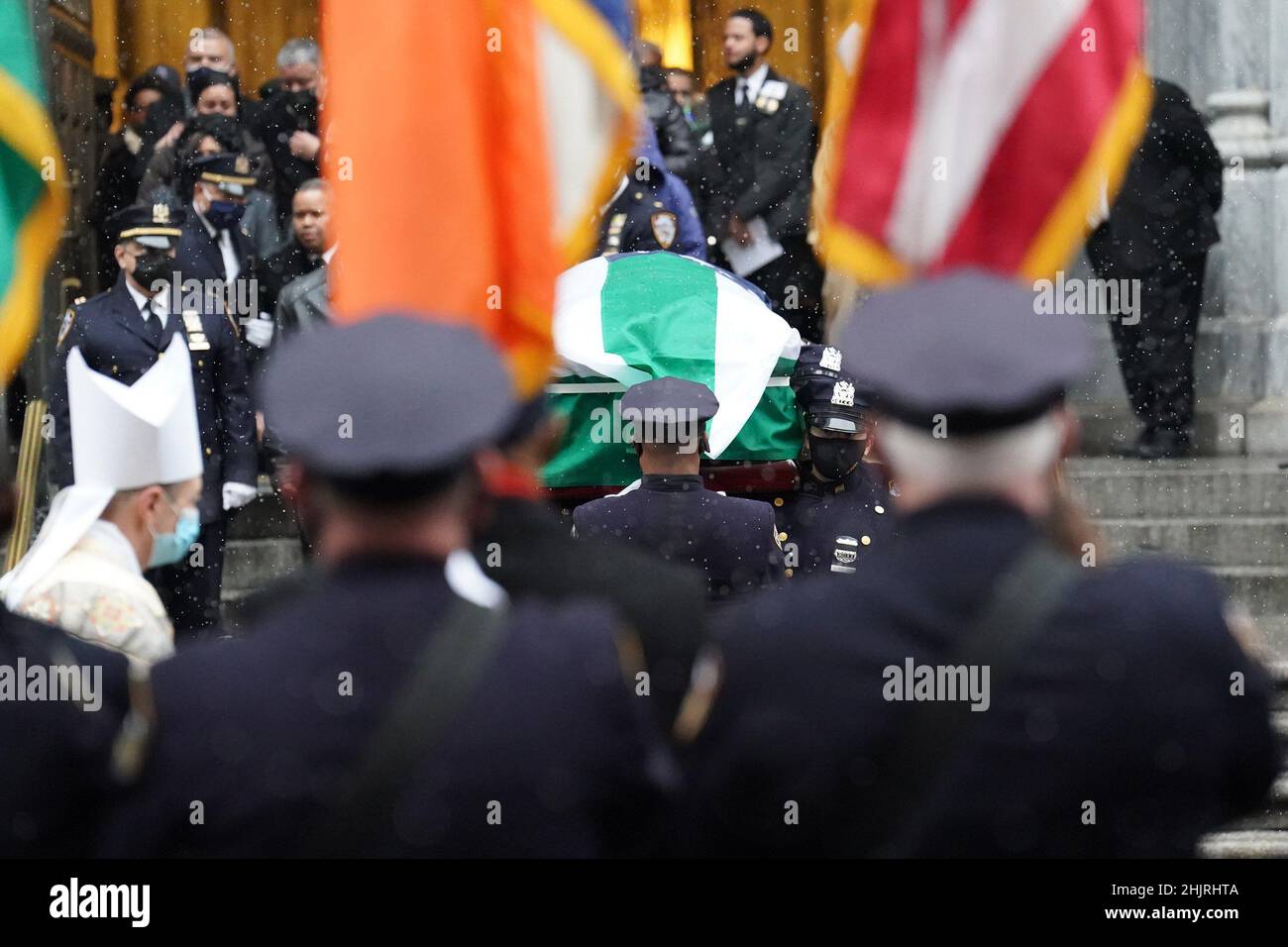 New York, NY, USA. 31st Jan, 2022. Jason Rivera, coffin, mourners in ...