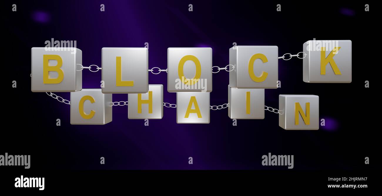 Blocks connected with chains and the lettering Blockchain. 3d rendering ...