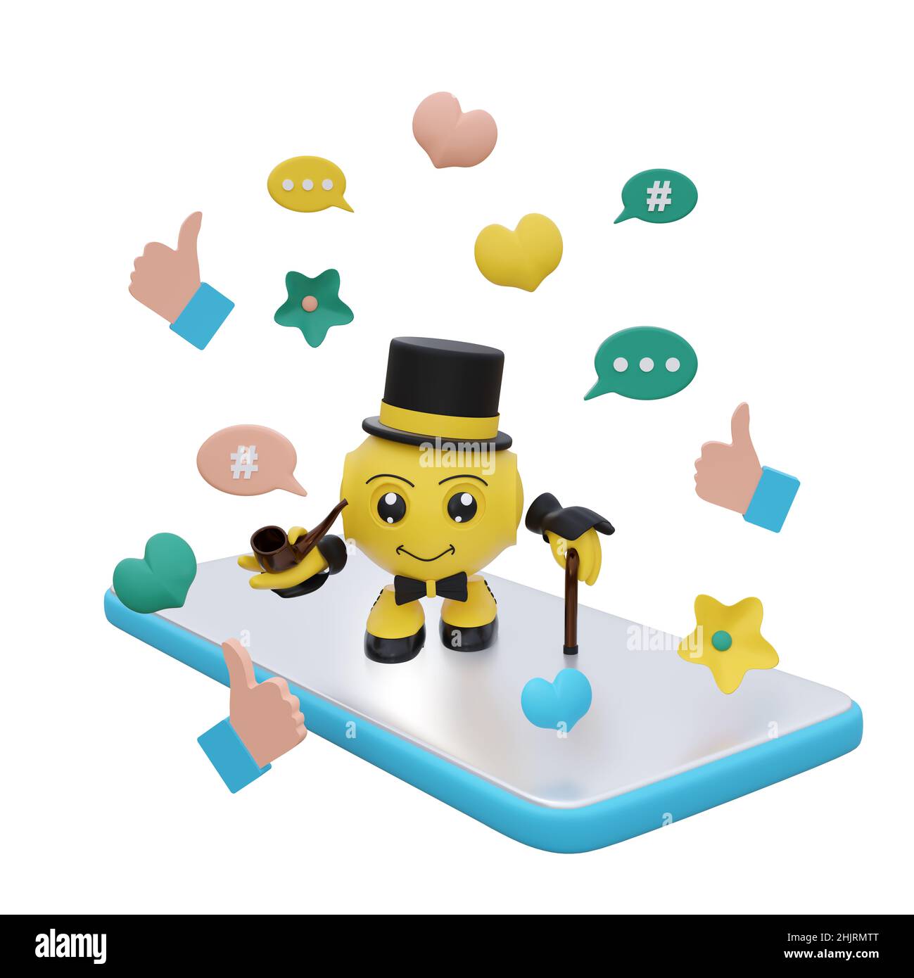 funny 3d character with social media icons stands on a smartphone. 3d ...