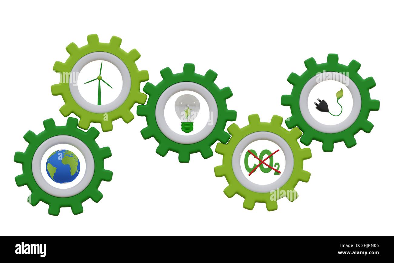 Environmentally friendly energy concept. Gear wheels with environmental ...