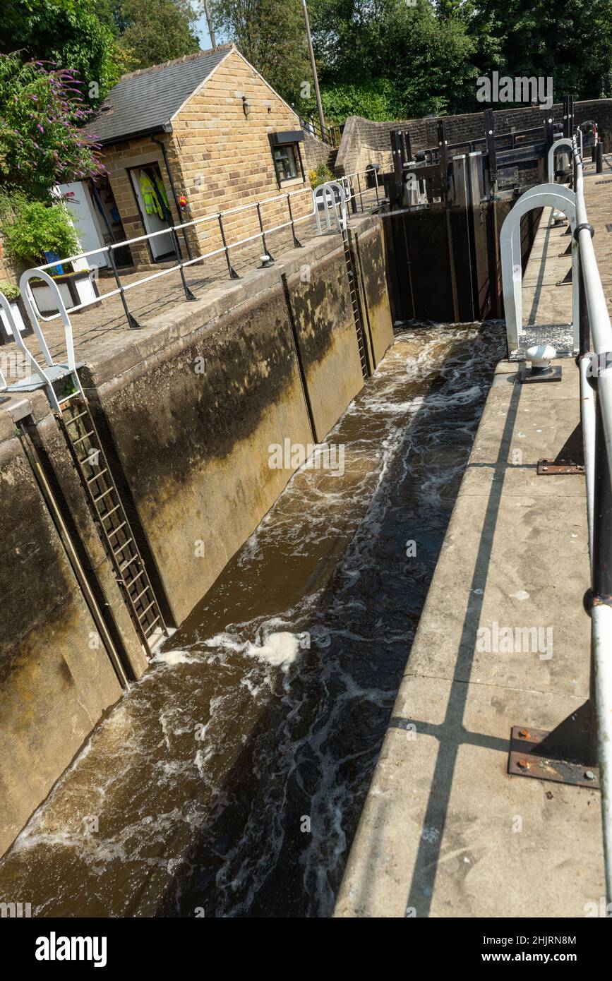 Summer view of the chamber of Tuel Lane Lock on the Rochdale Canal ...