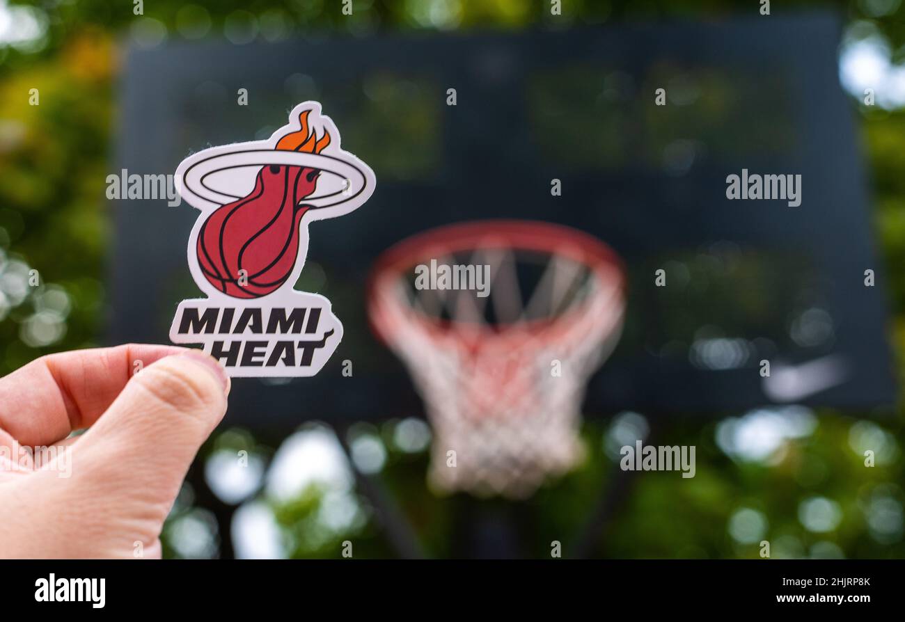 September 15, 2021, Miami, USA, A man holds the emblem of the Miami ...