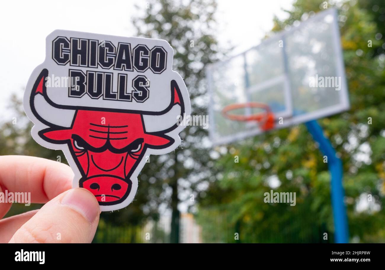 September 15, 2021, Chicago, USA, A man holds the emblem of the Chicago ...