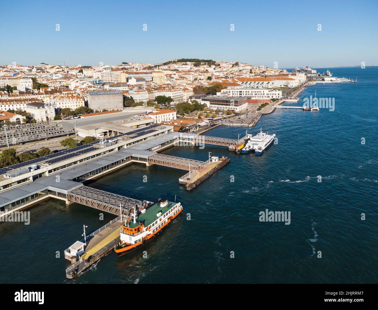 Aerial view of the Cais Do Sodre ferry terminal by the Tage river in ...