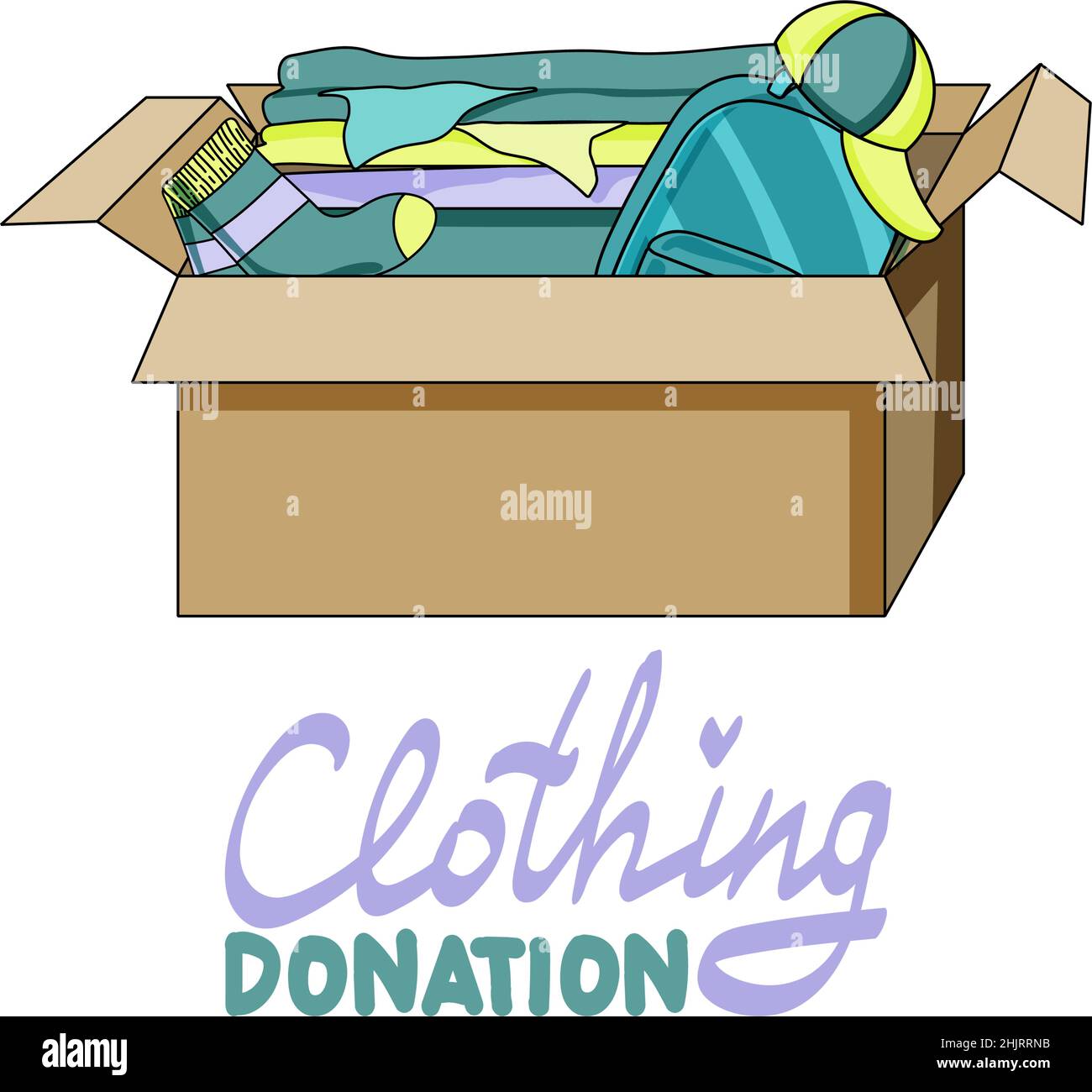 Box of clothes and hand-drawn lettering in a flat style. Donate clothes ...